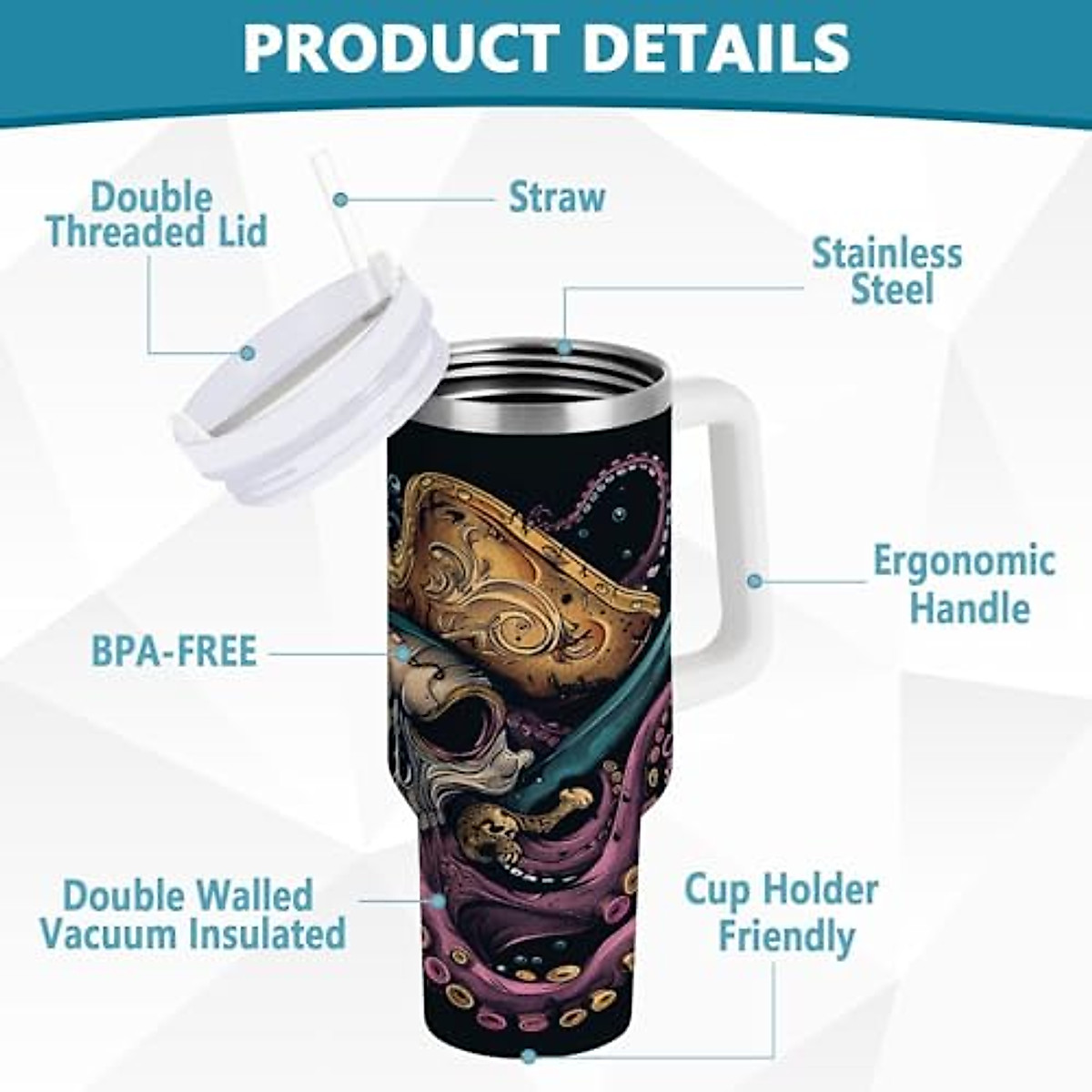 Jihqo Octopus Skull Pirate 40 oz Stainless Steel Vacuum Insulated Tumbler with Handle and Straw Lid, Leakproof Water Bottle Double Wall Travel Mug Coffee Cup, Cupholder Friendly
