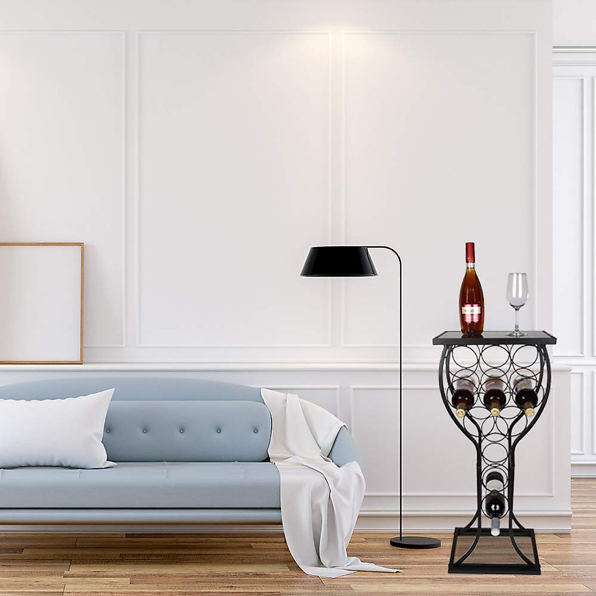 JOYBASE Freestanding Floor Wine Rack Table, Holds 11 Bottles, Metal with Marble Veneer Top, Wine Table Display Rack, Black