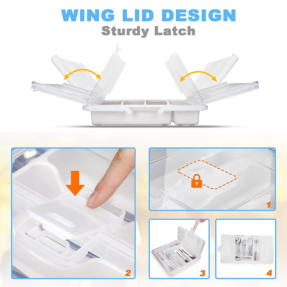 YICOCHI Portable Utensil Holder for Countertop with Lid & Handle, Plastic Silverware Tray for Drawer Flatware Organizer, White