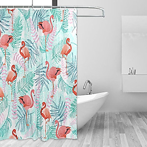 Burbuja Shower Curtain for Bathroom, Leaves and Flamingo Waterproof Washable Shower Bath Curtain for Home Hotels with 12 Hooks, 60x72 in