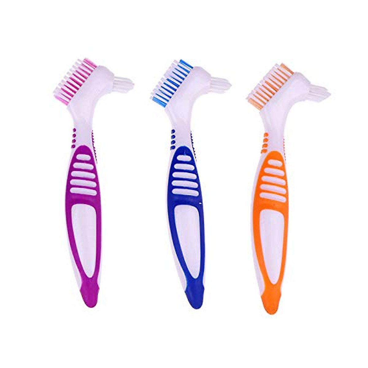 Premium Denture Cleaning Brush Set with Multi-Layered Bristles & Ergonomic Rubber Handle, Portable Denture Double Sided Brush for False Teeth Cleaning, 3 Pieces (Blue, Orange, Purple)