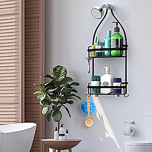 Kadolina Shower Caddy Over Shower Head, Bathroom Hanging Shower Organizer Holder Storage for Shampoo, Shower Storage Rack with Hooks for Razor and Sponge (Black)
