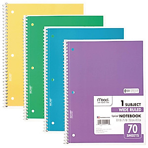Mead Spiral Notebook, 4 Pack, 1-Subject, Wide Ruled Paper, 7-1/2" x 10-1/2", 70 Sheets per Notebook, Colors Will Vary (72873)