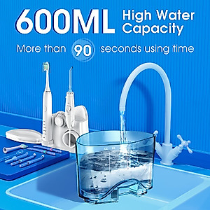 Electric Toothbrush and Water Flosser,600ML Oral Irrigator Water Flosser with 7 Jet Tips,10 Adjustable Water Pressure,Sonic Electric Toothbrush with 2 Brush Heads,5 Modes(White)