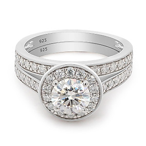 SAVEARTH DIAMONDS 14K White Gold Over Sterling Silver 1 3/4 Carat 6.5MM G-H Color Moissanite Lab Created Diamond Halo Engagement Wedding Ring Set 2 Pieces (1.75 Cttw) Ring Size-8