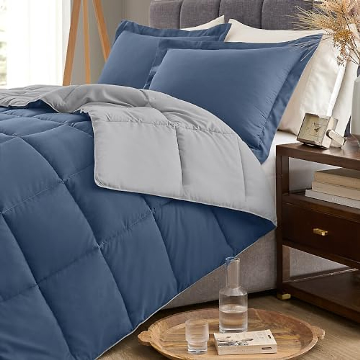 Homelike Moment Comforter Set, Twin Size Lightweight Blue/Grey Bedding Comforters, All Season Down Alternative, Reversible Duvet Insert 2 Piece - 1 Comforter 1 Pillow Sham, Summer Blanket
