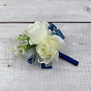 Ansuma Ivory Rose Flower Wrist Corsage Boutonniere Set Bridesmaid Wrist Corsage Bracelet & Groom and Best Man Boutonniere for Wedding Flowers Accessories Prom Suit Decorations (Navy Blue)