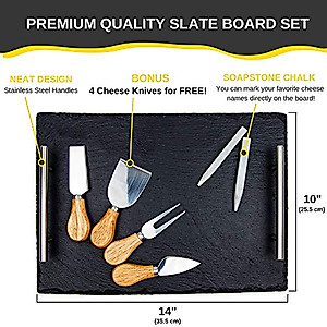 Slate Cheese Board Set - Deluxe Cheese Serving Tray with Stainless Steel Handles - Includes 4 Cheese Knives and 2 Soapstone Chalks - Great for Home & Restaurant Cheese Tapas & Appetizers Serving