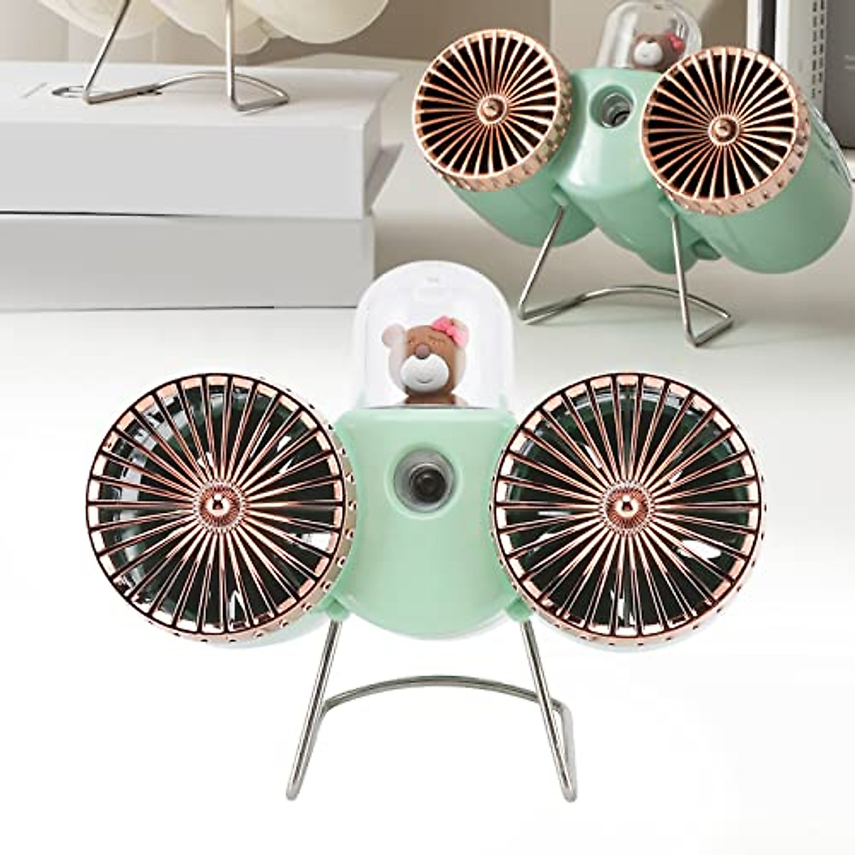 HEEPDD USB Desk Fan, Dual Blade Bear Design 3 Speeds Strong Wind Night Light Table Fan Quiet Dual Blade Bear Design Desk Fan with USB Charging for Dormitory (Green)