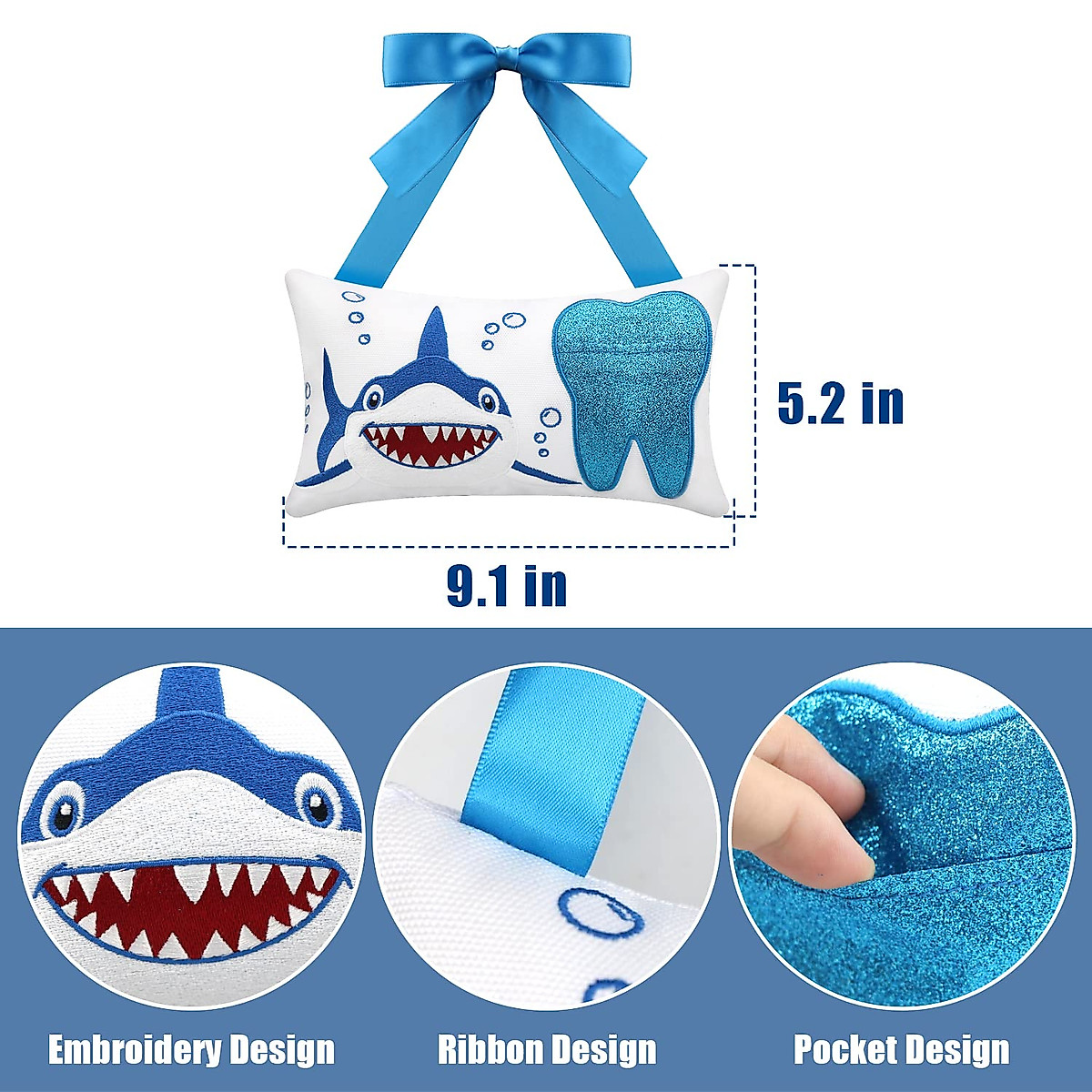 Malihome Tooth Fairy Pillow with Pocket for Girls and Boys Kids Tooth Pillow Toothfairy Gifts Tooth Keepsake Pouch 8.6 x 4.8 inches (for Boys)