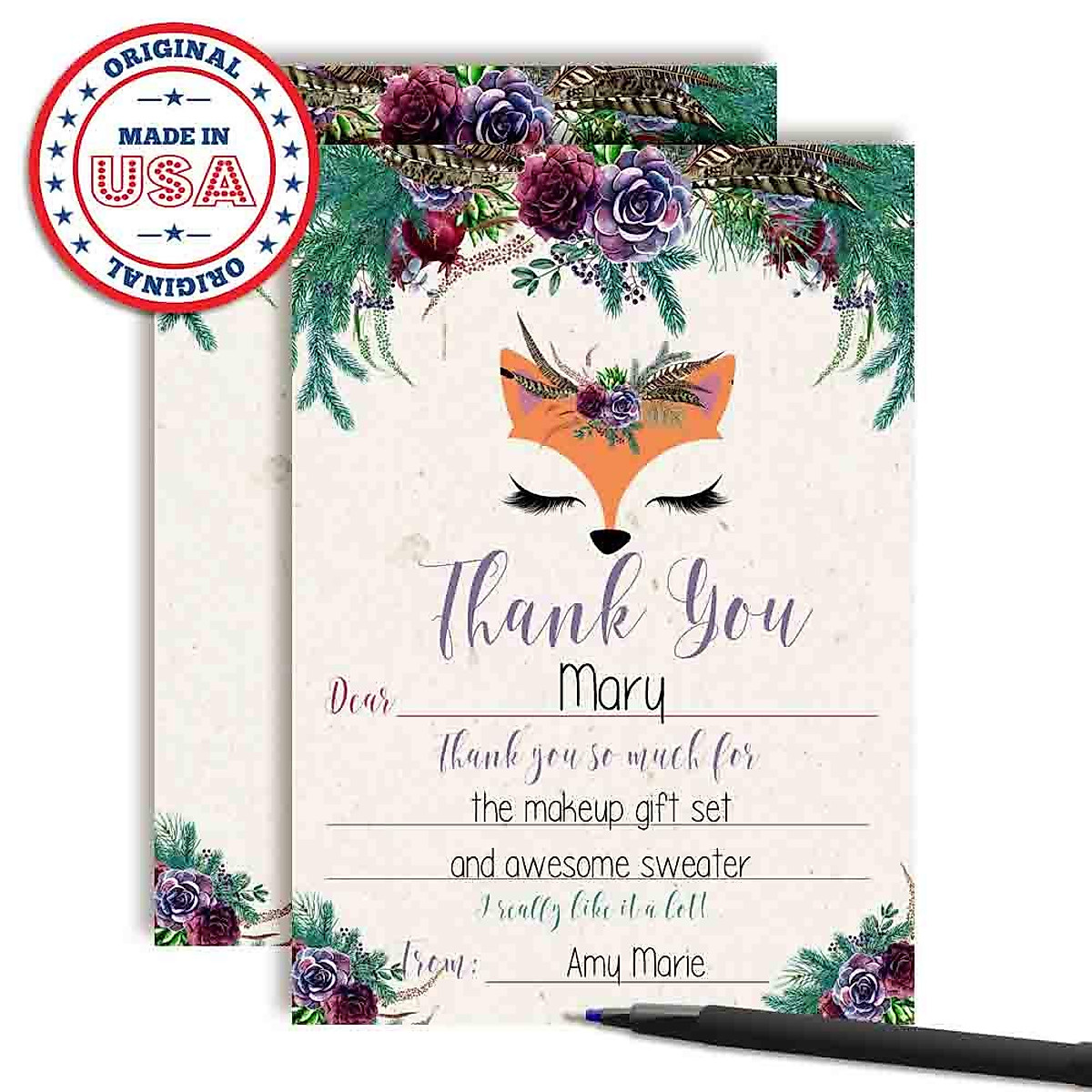 Woodland Forest Fox Face Floral Thank You Notes, Ten 4" x 5.5" Fill In The Blank Cards with 10 White Envelopes by AmandaCreation