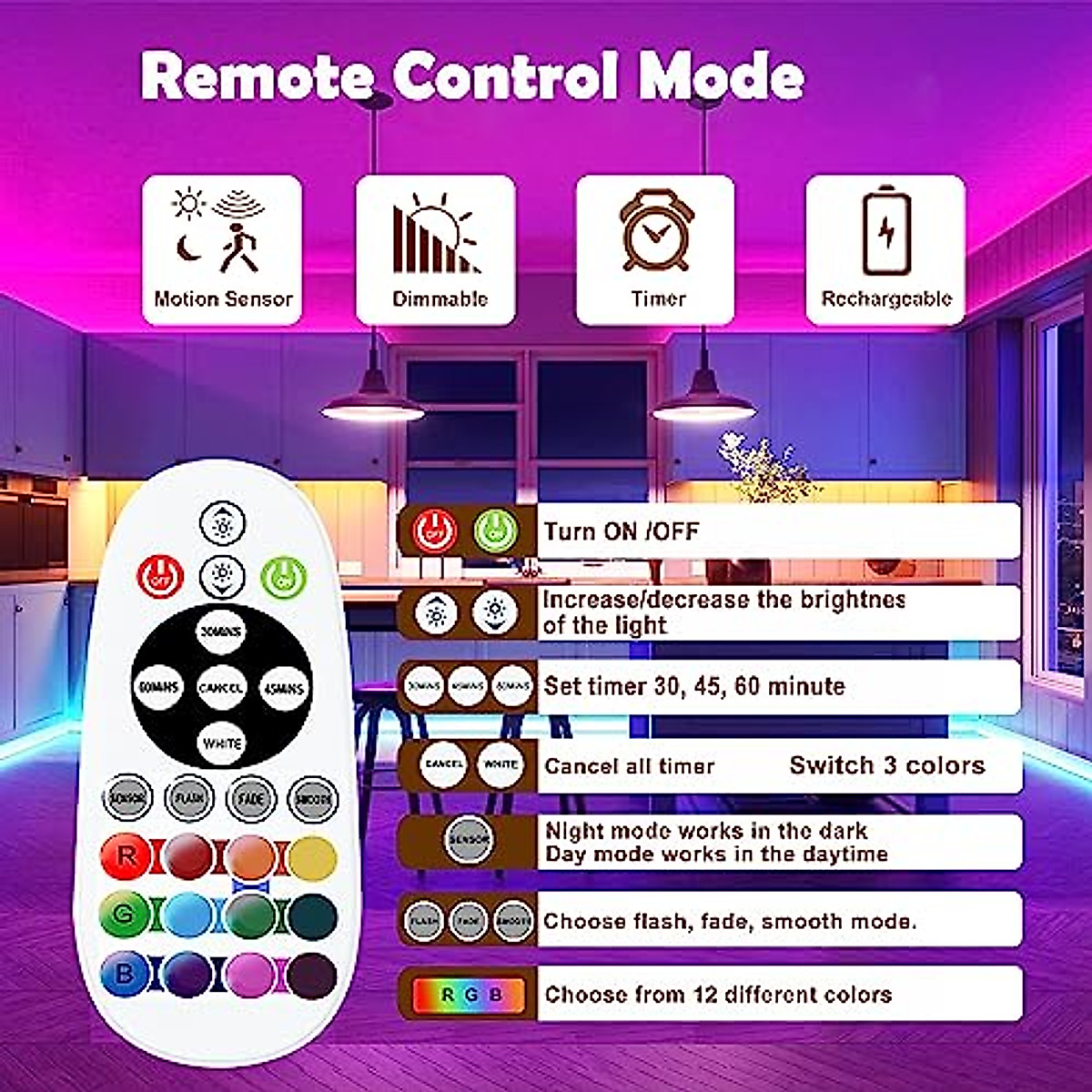 SZOKLED 58-LED Under Cabinet Lights, RGB Motion Sensor Indoor Night Lights with Wireless Remote, Rechargeable Under Cabinet Lighting, Counter Lights for Kitchen, Closet, Stair, 15 Color (4 Packs)