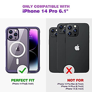 Diaclara Designed for iPhone 14 Pro Case 6.1’’,[Compatible with MagSafe] Full Body Rugged Magnetic Protective Case+Tempered Glass Camera Lens Protector w/Built-in Screen Protector (Purple-Mag)