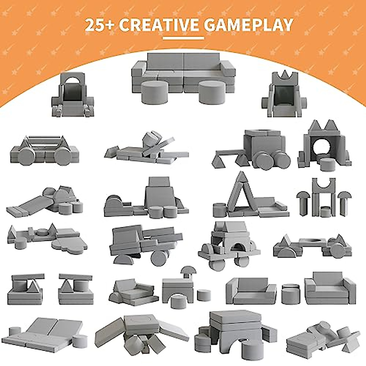 Kids Couch 13PCS, Modular Toddler Couch with 2 Ottomans, Fold Out Kids Couch for Playroom Bedroom, Modular Kids Couch for Boys and Girls, Kids Play Couch for Kids(50.5"L×25.2"W×17.3"H) (Gray, M)