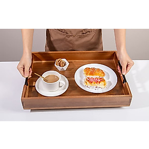 MornHalo Extra-Large Wooden Tray Set of 2, (20.1'' + 18.1'') Serving Tray with Metal Handles, Rectangle Rustic Serving Trays for Breakfast, Used in Kitchen Counter, Coffee Table, Bedroom, Living Room