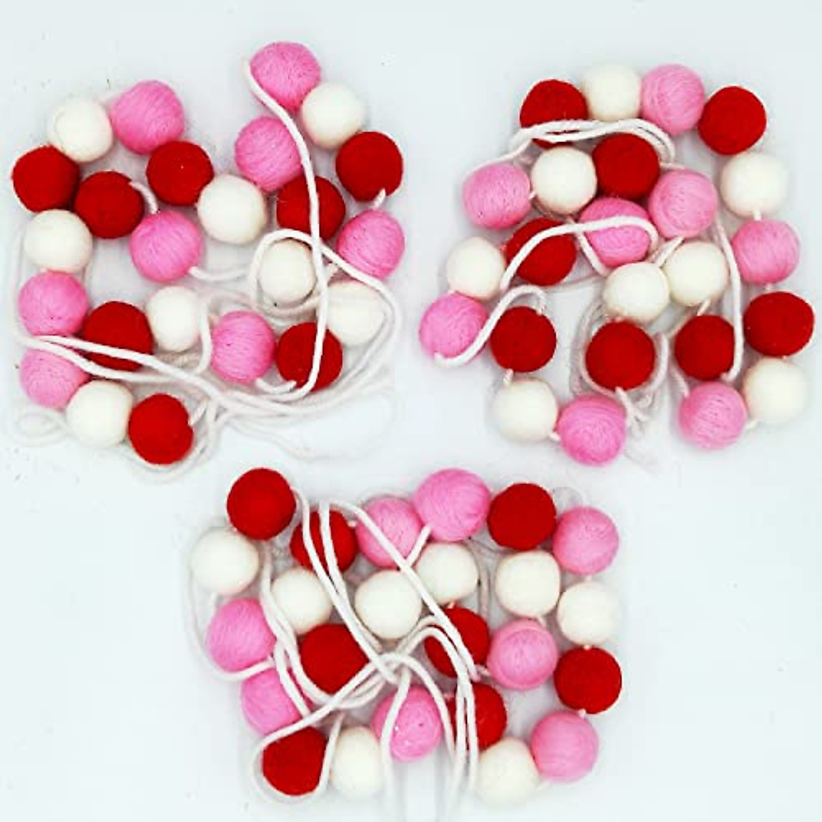 CAVLA 3 Pieces Valentine's Day Felt Ball Garlands Valentines Day Red Pink White Pom Pom Garlands 1 Inch Valentines Pompom Ball Banner for Mother's Day Wedding Engagement Hanging Decorations