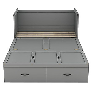 Full Size Murphy Bed with USB Port and Storage Drawers, Wood Full Platform Bed Frame with Charging Station, Full Murphy Bed for Bedroom Murphy Bed Cabinet Murphy Chest Bed (Gray)