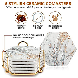 Marble Coasters for Drinks Absorbent with Cork Base, 6 Pcs Drink Coasters for Wooden Table with Metal Holder, Gold Ceramic Cup Coaster Set Rustic Home Decor for Living Room Bar - Housewarming Gifts