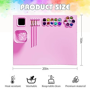 Silicone Mat for Painting 20"x16", Silicone Craft Mat Set with Magnetic Pop-Up Water Cup, Brush, Bag, 12 Color Dividers, Best Gift Chrismad for Family, Pink