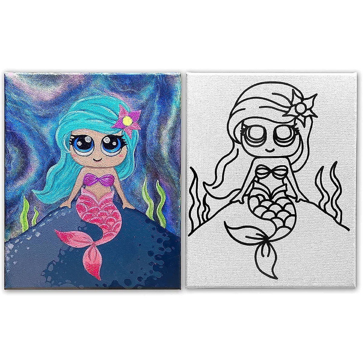 INDIGO ART STUDIO 8" by 10" Pre Drawn Canvas 12 Acrylic HIGH Quality Colors 2 Paint Brushes Smock Painting for Kids | 4-40 PACK Discounted Bundle | Mermaid Under Water Magic Coloring (8x10 Inches)