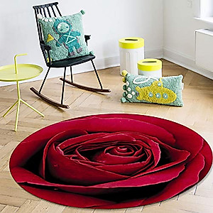 MUSEDAY Area Rug 3.3ft Round, Red Rose Flower Plant Kitchen Rugs Non Skid Area Indoor Floor Mat for Living Room, Bedroom