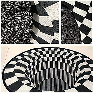 3D Rug, Removable Magic Floor Visual Illusion Shaggy Rug,Sofa Round Blanket,Black White Plaid Round Square Rugs Anti-Skid Non-Woven Durable Doormat 3D Visual Floor Rug Carpet for Living Room,A,0.6×0.6