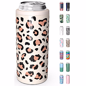 TILUCK Skinny Can Cooler for Slim Beer & Hard Seltzer, Stainless Steel, Doucle-Walled Stainless Steel Insulated Slim Cans, Standard 12 oz (Leopard Print)