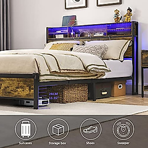 Alohappy Full Size Bed Frame with Led Bookcase Headboard and Charging Station，Metal Platform Bed Frame with RGB Light Strips, Sturdy and No Noise Easy Installation No Box Spring Needed