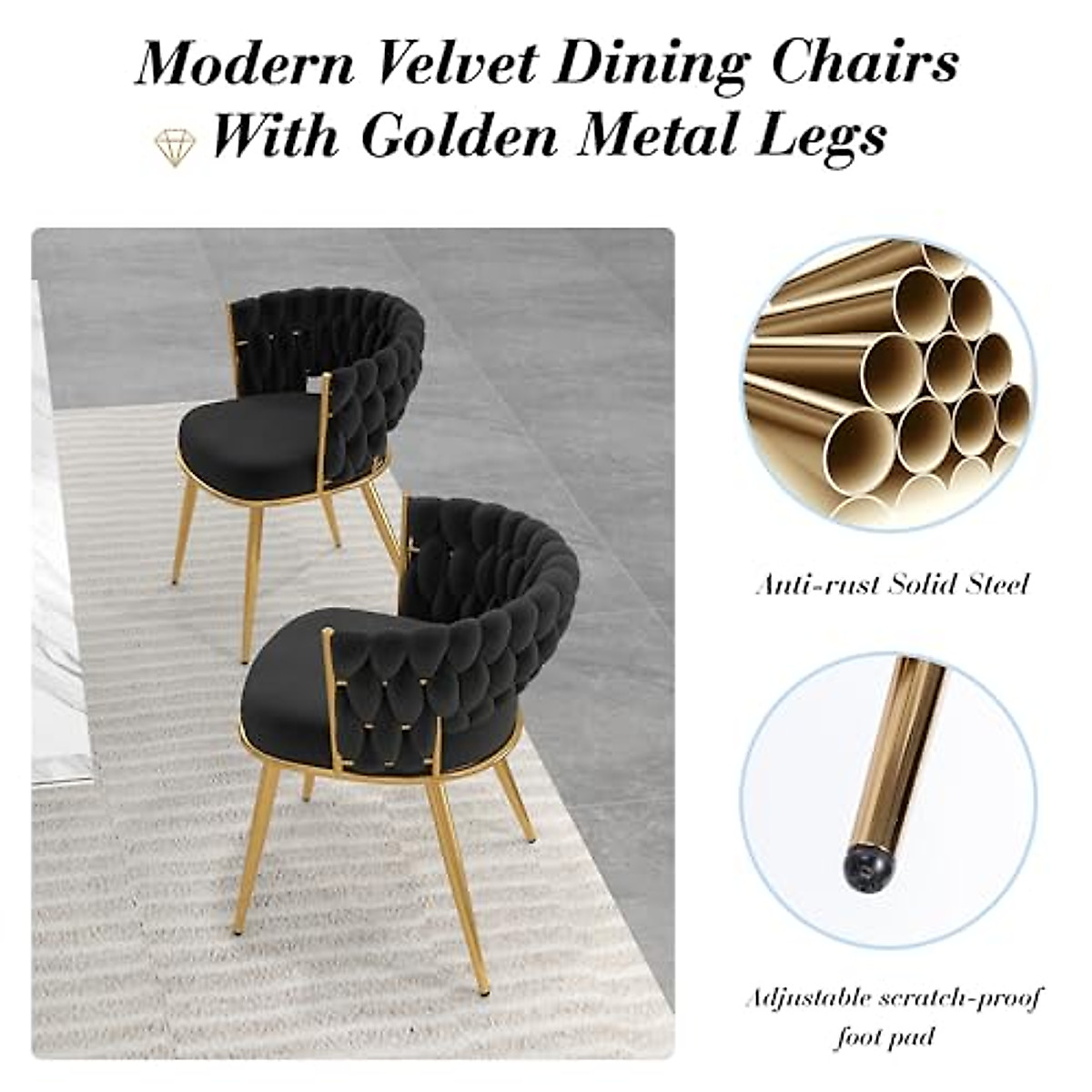 KCC Modern Velvet Dining Chairs Set of 2, Upholstered Living Room Chair with Woven Back and Golden Metal Legs, Mid-Century Accent Side Chair for Living Room, Dining Room, Kitchen, Black