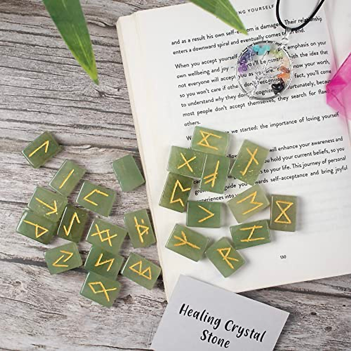 BEZAVO Green Jade Rune Stones with Pendant Silver Ring, 25 pcs Rune Stone with Engraved Elder Futhark Chakra Runes Crystal Set, Viking, Divine Meditation Witchcraft Reiki Supplies Gift for Home Decor