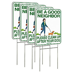 Faittoo Clean Up After Your Dog Signs, (4 Pack) 12"x9" Double Sided with Metal H-Stake No Poop Signs for Lawn, No Pooping Dog Signs for Yard Waterproof, Weather Resistant, Easy to Mount