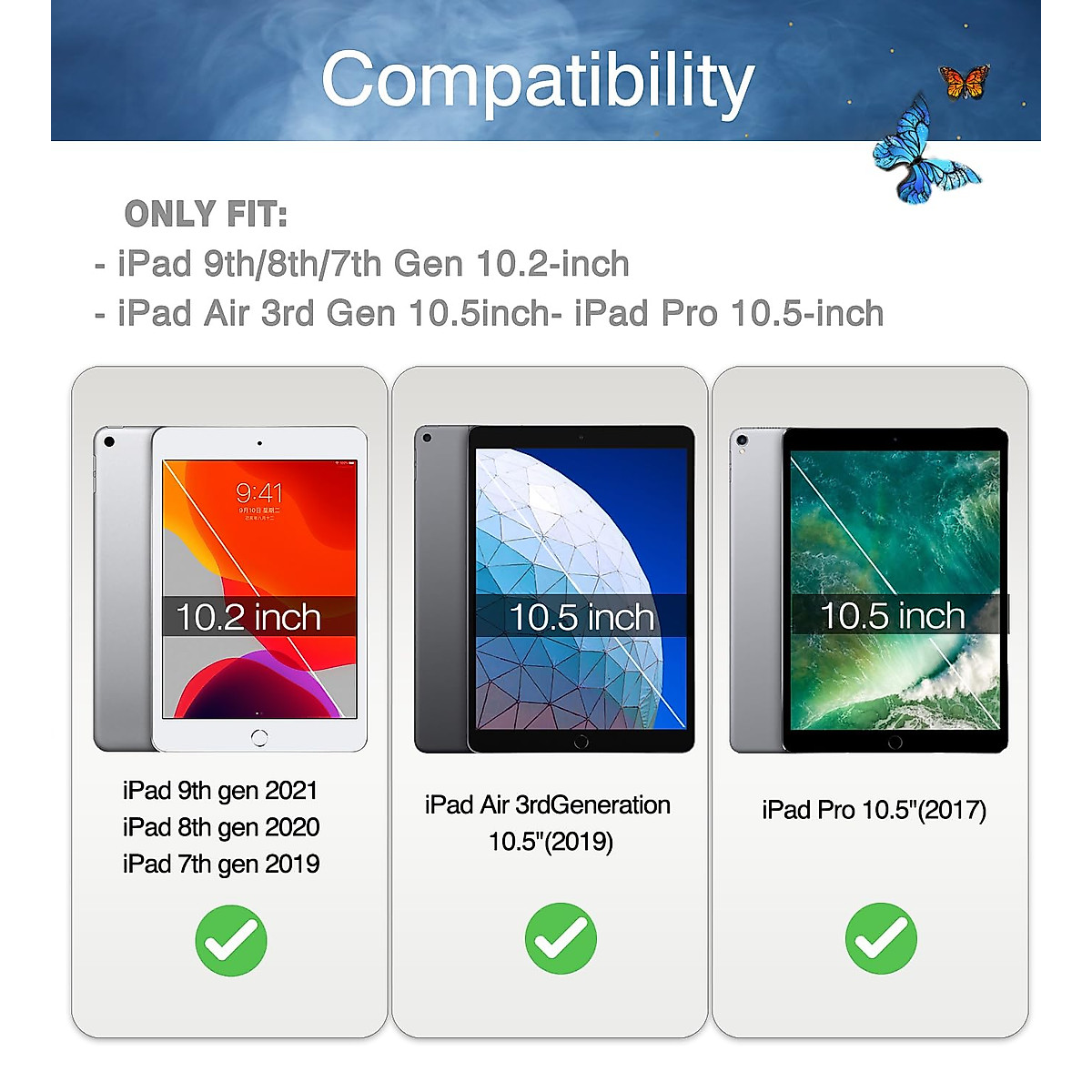 KUAELEN iPad Rotating Case for 2021 iPad 10.2 inch, Smart iPad 9th/8th/7th Generation Case with Pencil Holder, 360 Degree Roating Cover for iPad Air 3rd Generation 2019/iPad Pro 10.5(Blue Butterfly)