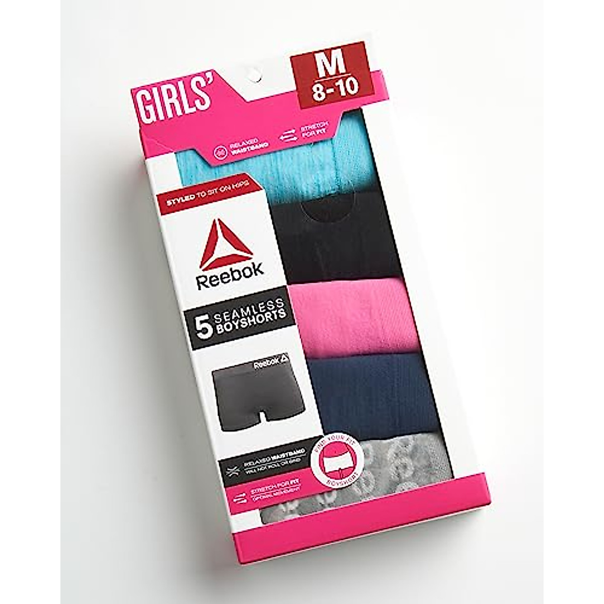 Reebok Girls' Boyshorts Underwear - 5 Pack Soft Seamless Girls Panties Boy Shorts - Breathable Panties for Girls (6-16), Size Medium, Sharkskin Print/Evening Blue/Bright Pink/Black/Aqua