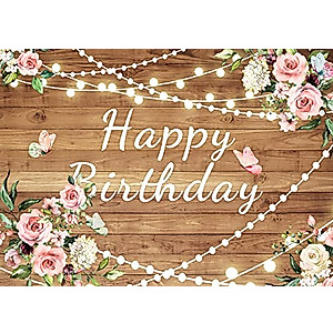 LYCGS 7X5FT Pink Flower Wood Backdrop Happy Birthday Girl Party Background Watercolor Flower Girl Photography Background Spring Flower backdrops Baby Shower Newborn Photography Props X-12