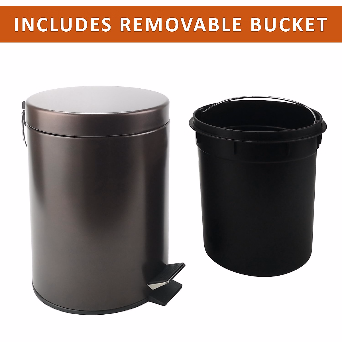 Stainless Steel Small Trash Can with Lid & Step Pedal - 5 Liters/1.3 Gallon Soft Close Waste Basket with Removeable Inner Bucket - Garbage Can for Bathroom, Bedroom, Kitchen & Office (Bronze)