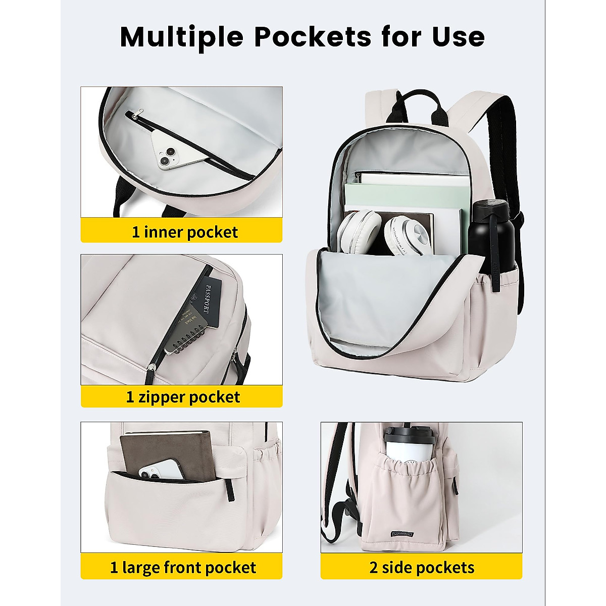 Vorspack Backpack for Men and Women - Lightweight Backpack Classical Basic Bookbag with Multi-pockets Casual Daypack for College Workplace Travel - Beige