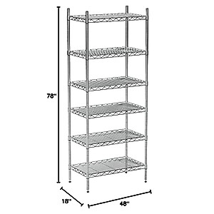 NSF Wire Shelf Organizer 6 Wire Shelving Unit Metal Storage Shelves, Utility Commercial Grade Heavy Duty Height Adjustable Leveling Feet Steel Layer shelf Rack 2100 LBS Capacity-18x48x72,Chrome