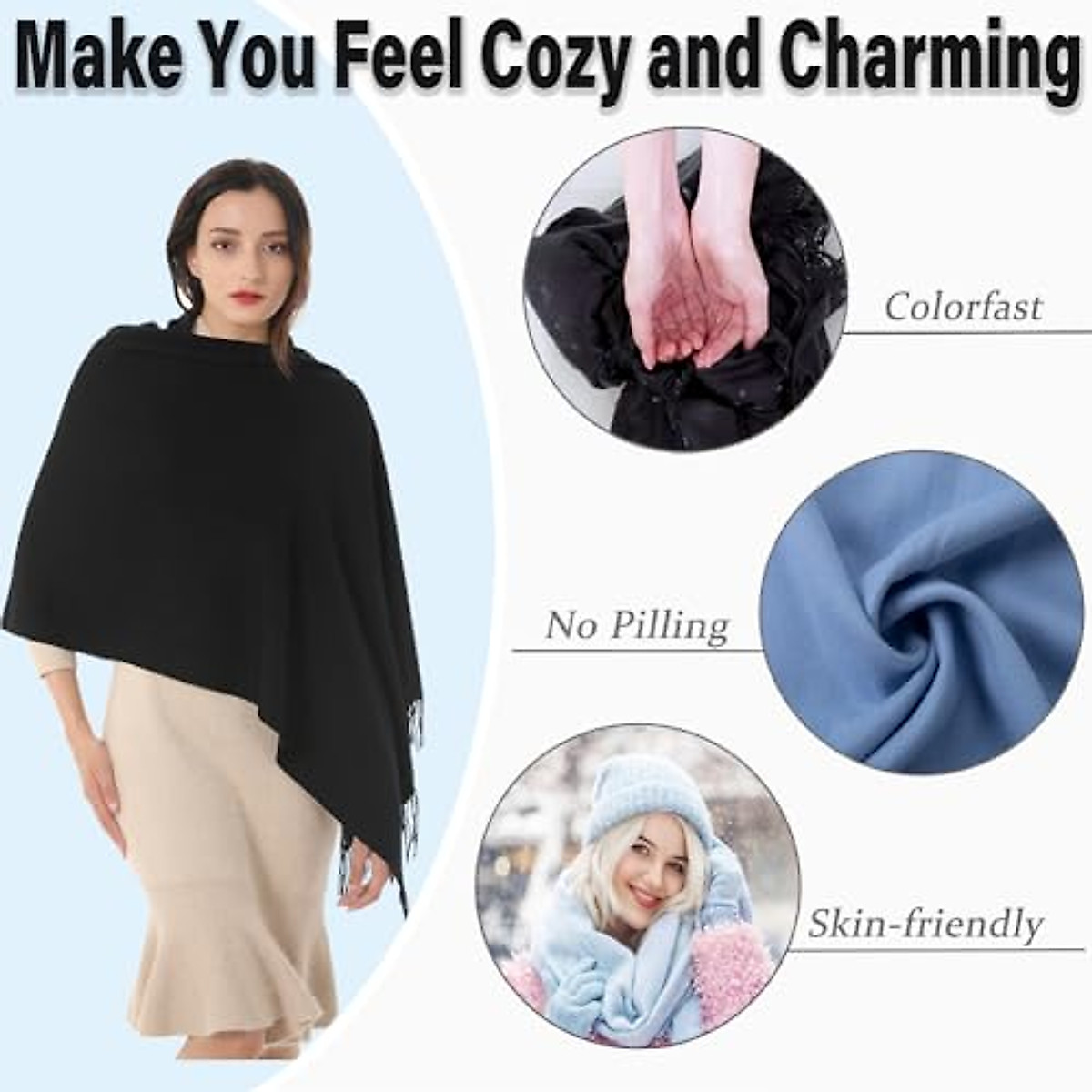 TwoYek Women's Scarf Pashmina Shawls and Wraps for Evening Dress Wedding Bridesmaid Bridal Winter Warm Large Soft Silky Scarves Black