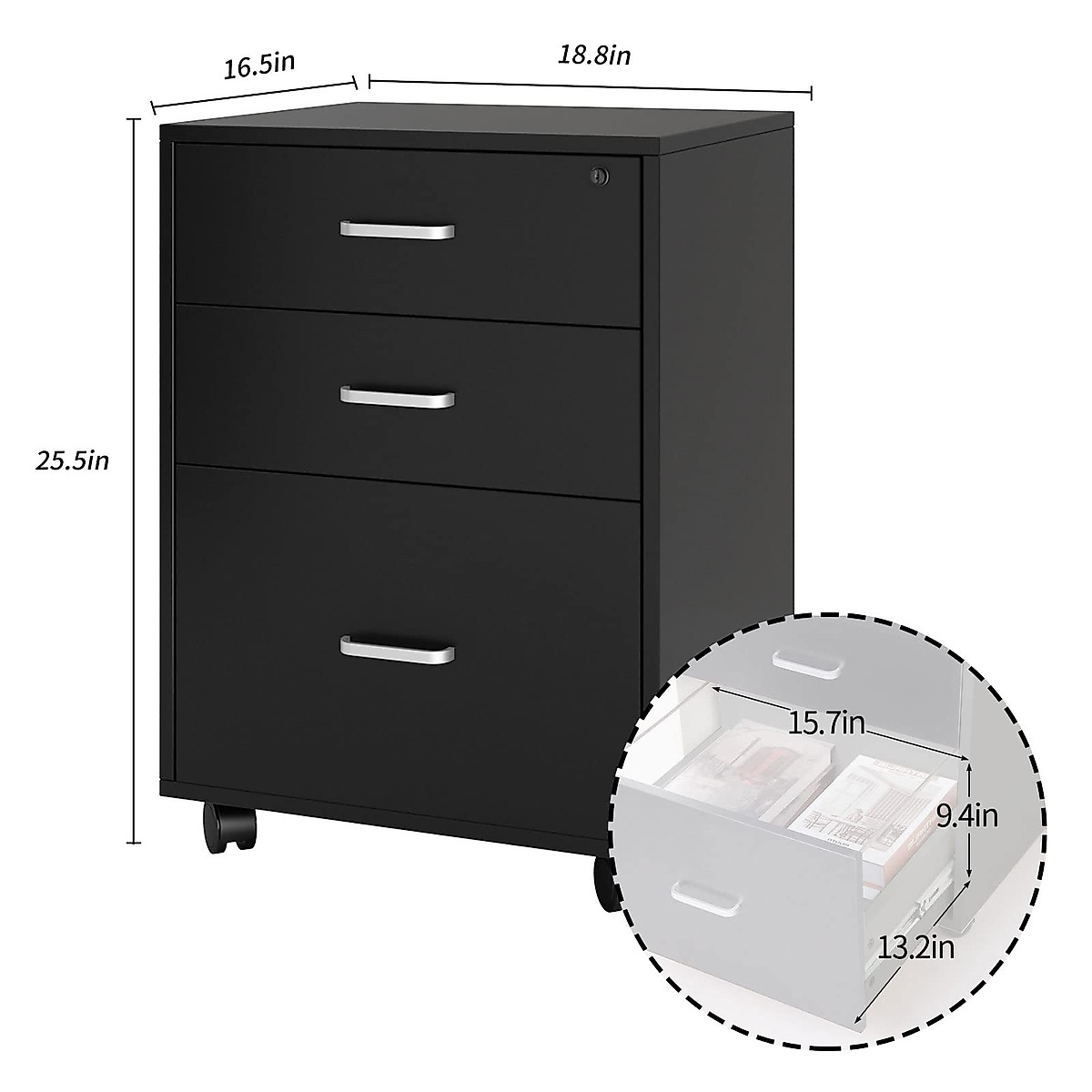 soges 3 Drawer Mobile File Cabinet, Rolling Filing Cabinet, Home Office Lockable Pedestal File Cabinet, Under Desk Cabinet on Wheels, 10CZSSFC04BK