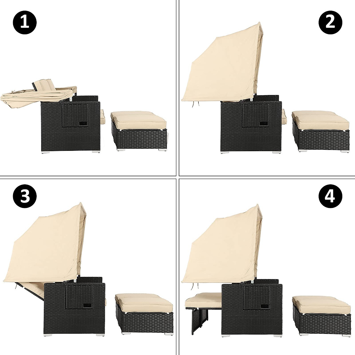 TITIMO Patio Daybed with Retractable Canopy Outdoor Sectional Furniture Sets All Weather Wicker Patio Rattan Sunbed Seating Sofas with Cushion for Backyard, Balcony, Poolside (Khaki)