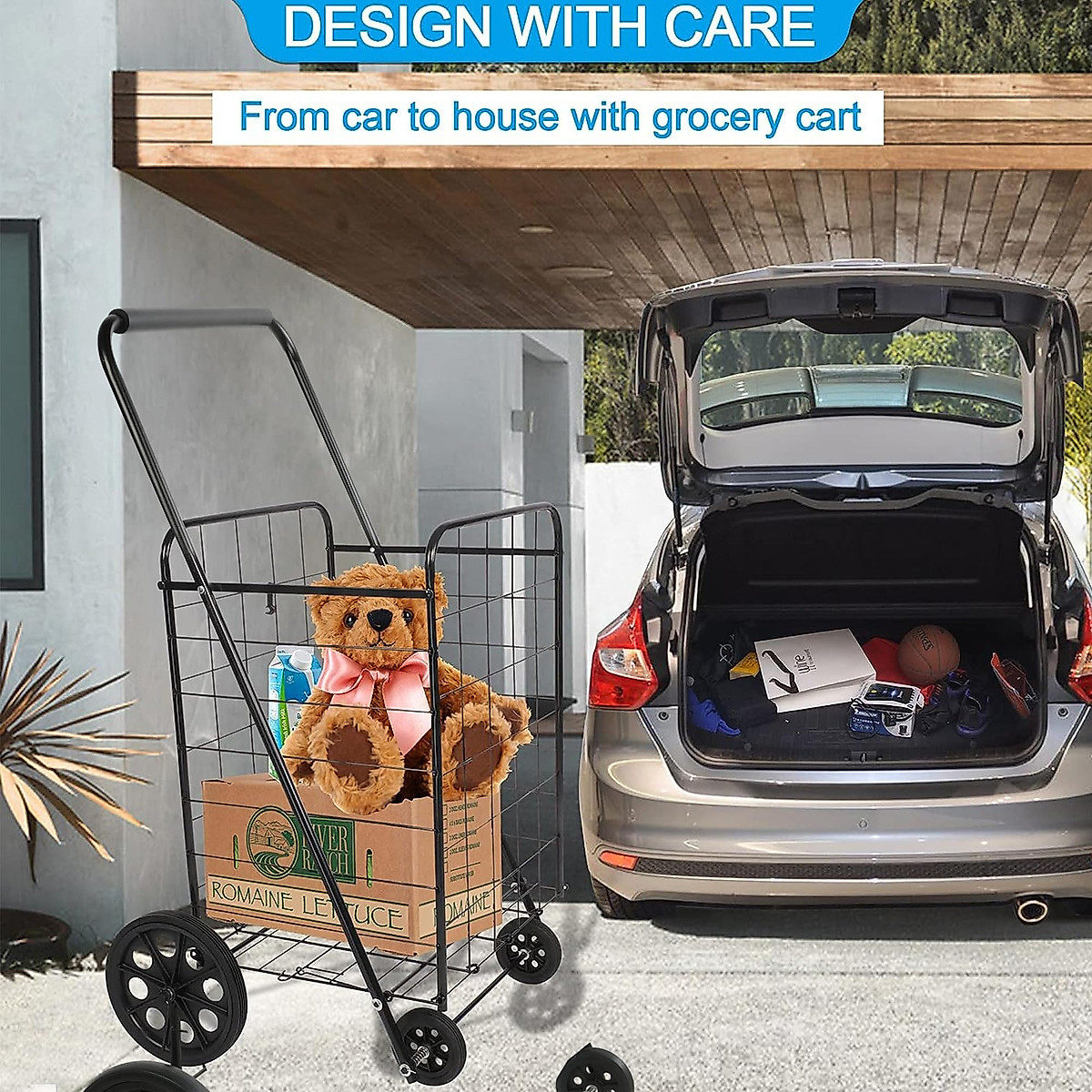 LUCKYERMORE Folding Grocery Shopping Cart with Durable Wheels Collapsible Large Metal Utility Cart for Daily use, Black