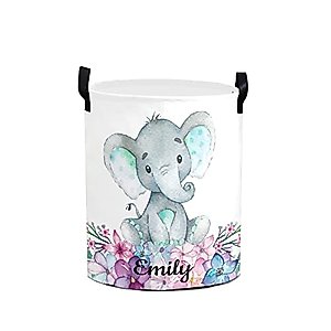 Grandkli Cute Floral Elephant Personalized Freestanding Laundry Hamper, Custom Waterproof Collapsible Drawstring Basket Storage Bins with Handle for Clothes, Toy, 50cm x 36cm