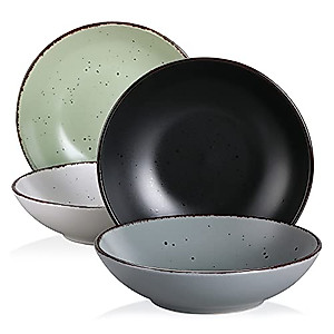 vancasso Moda Soup Bowl Set of 4, Multicolour Pasta Bowl 8 inch Ceramic Soup Plate, Stoneware Vintage Look Cream Bowls for Kitchen, 30 oz Ramen Noodle Bowl (Black/White/Cyan/Grey)