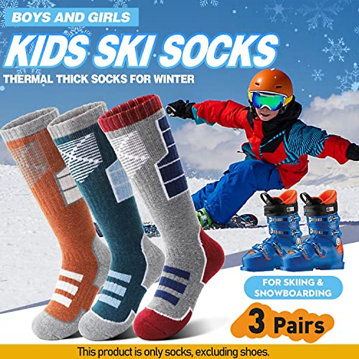 Anlisim Kids Merino Wool Ski Socks for Girls Boys Teen Thermal Winter Warm Thick Hiking Knee High Socks Stocking Stuffers for Skiing Snowboarding (Red / Orange / Green A, 8-12 Y)