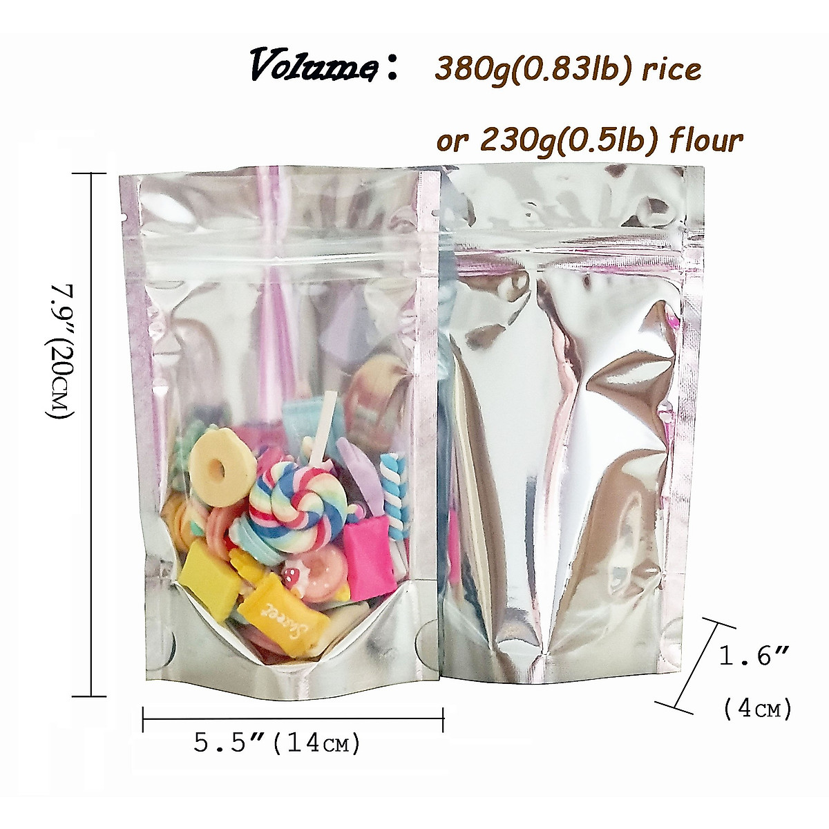 Couga Mall 100 PCS Airtight Zipper Stand Up Pouch Bag, Reusable Packing Storage Package Bag with Clear Front Aluminum Foil Back for Storing Snacks, Beans, Seeds & Food (5.5"7.9")