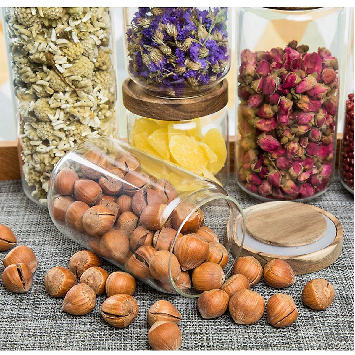 Keledz Glass Storage Jar with Wood Lids, Airtight Sealed Clear Borosilicate Glass Canister Kitchen Food Storage Containers for Coffee Beans Loose Tea Nuts Sugar Candy Spice, 450ml 16 oz (450ml 16 oz)