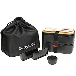 GRUB2GO Premium Bento Lunch Box (Large 68 Oz Capacity) | 2023 Exclusive, 70% Bigger | Includes Bamboo Chopping Board Lid, Carry Bag, 2 Dividers, Utensils, Sauce Container