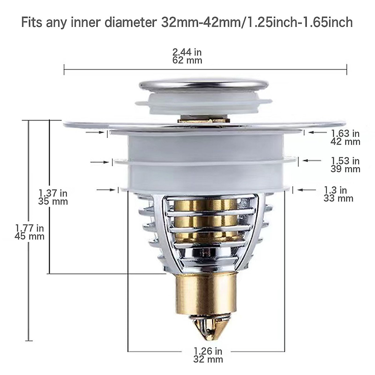 Fits Any 1.25” to 1.65” Wide tub Drain Stainless Steel Sink Cover, pop-up Universal Odor Resistant Sink Drain with Silicone Gasket, and Shower Cap with Anti Clogging Filter