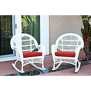 Jeco Wicker Rocker Chair with Red Cushion, Set of 2, White