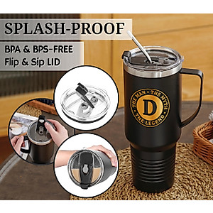 Monogrammed 40oz Tumbler with Handle for Men, Funny Personalized Tumbler, Unique Birthday Christmas Gifts for Him, the Man the Myth the Legend, M